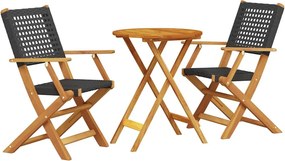 3dílný bistro set černý polyratan a masivní dřevo 3281790