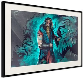 Plakát Viking ve stylu komiksu - bojovník s havranem na tmavém pozadí