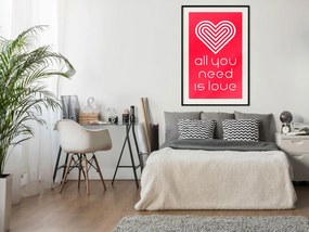 Plakát Milujme Se - pruhované srdce a anglické texty na červeném pozadí