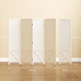 HOMCOM vnitřní paraván ze dřeva, 4 panely, skládací příčka, děrovaný panel, 152 x 1,7 x 144,5 cm, bílá