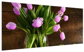Obraz fialových tulipánů ve váze (100x40 cm)