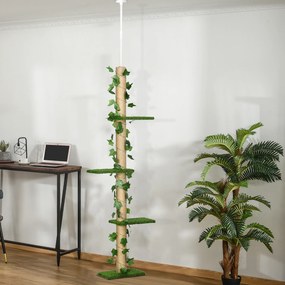Stropní škrabadlo PawHut 202-242 cm, výškově nastavitelný strom na lezení s ochranou proti převrácení, jutový strom na hraní v zelené a žluté barvě