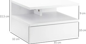 HOMCOM Sada 2 Floating Nočních Stolků - Zavěšené Noční Stolky s 1 Zásuvkou a Otevřenou Policí pro Ložnici 35x32x22,5 cm Bílá