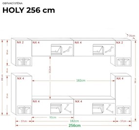Ral Obývací stěna HOLY 4, 256 cm - Bílý lesk