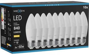 Mexen Nova 10x LED žárovka E27, C37, 8W, Teplá - 3000K, 840 lm - L102-E27-0830-01x10