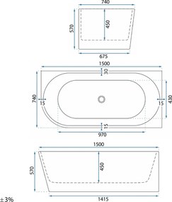 Asymetrická akrylátová vana s krycím panelem REA BELLANTO SLIM Pravá 150x74 cm, bílá, sifon Click-Clack - zlatý kartáčovaný