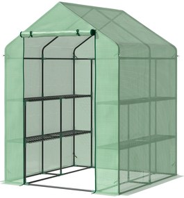Outsunny polytunelový skleník Walk-in skleník s 8 policemi pro rajčata, ocel a PE plast, zelený, s dvířky pro optimální péči o rostliny