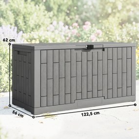 Zahradní box 379 litrů Vodotěsný uzamykatelný box odolný proti UV záření Dřevěný box na zahradní polštáře 122,5x56x62cm Šedý