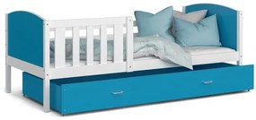Dětská postel TAMI P 80x190 cm s bílou konstrukcí v modré barvě se šuplíkem