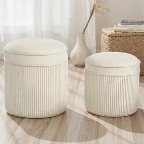 HOMCOM 2ks Sedací taburet s úložným prostorem, taburet s víkem, kulatý nožní stolička s sametovým vzhledem 36 x 41,5 cm krémově bílá