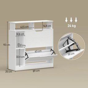 HOMCOM úzká skříňka na boty se 2 sklápěcími zásuvkami, otevřenými přihrádkami a nastavitelnou policí, 89 × 25 × 92 cm, bílá