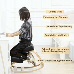 Ergonomická klečící židle Vinsetto s rámem z březového dřeva, molitanovým a polyesterovým polstrováním pro domácnost a kancelář, černá