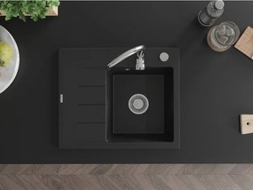 Mexen Ben, 1-komorový granitový dřez 600x500x190 mm, pravý + chromový sifon, černá, 6523605000-77