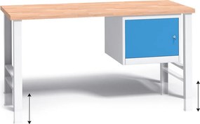 Výškově nastavitelný pracovní stůl do dílny G3 se závěsnou skříňkou na nářadí, buková spárovka, 1500 x 685 x 840 - 1050 mm, modrá