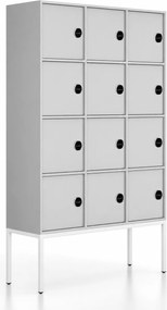 Kancelářská skříň FRAME, bílá podnož, 12x dveře, 1299 x 450 x 2185 mm, RFID zámek, šedá