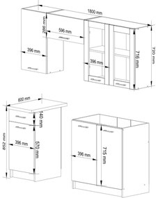 Kuchyňská linka Olivie H720 1,8 m prosklená bílá/dub sonoma