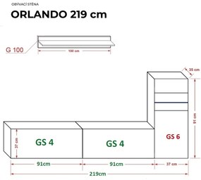Ral Obývací stěna ORLANDO 2, 219 cm - Bílý lesk