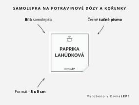 PAPRIKA LAHŮDKOVÁ - omyvatelná samolepka na kořenky, výběr rozměrů Ø 5 cm / 5 x 5 cm / 6 x 8 cm | DomaLEP tvar: KOLEČKO, barva: BÍLÁ - ČERNÉ písmo, velikost: Ø 5 cm - základní písmo