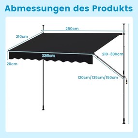 Costway 250 cm balkónová markýza bez vrtání s ruční klikou, výškově nastavitelná