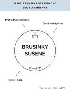 BRUSINKY SUŠENÉ – průhledná samolepka na dózu, tučné písmo, 5 cm | DomaLEP