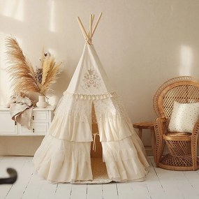 Boho stan teepee s volánky a výšivkou béžový