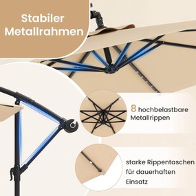 Costway Konzolový deštník Ø350 cm s 40 solárními LED světly a pytli s – béžový