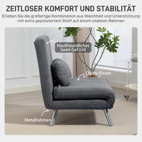 HOMCOM Čalouněné křeslo s funkcí postele, 3v1 design, sedací a spací křeslo, přistýlka pro hosty, látkový potah, s polštářem, tmavě šedá