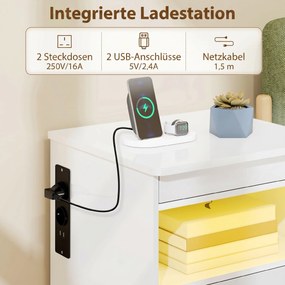 HOMCOM Noční stolek, přídavný stolek s nabíjecí stanicí a RGB LED osvětlením, vysoký lesk bílá