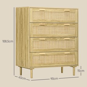HOMCOM Komoda s 4 zásuvkami v boho stylu s ratanovým předním panelem, světle dřevěná, 90Š x 45H x 108,5V cm