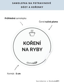 Samolepka na kořenky KOŘENÍ NA RYBY průhledná 5 cm tučné písmo