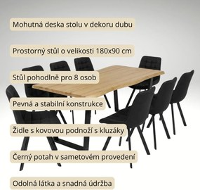 Vikio Jídelní set pro 8 osob 180x90 cm dub noha U černá židle VJS158-8C-S