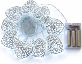 LED světýlka na baterie, 2,5 m, kovová srdce, vintage, ledově bílá, 10 diod, čirý kabel, IP20, 2× AA