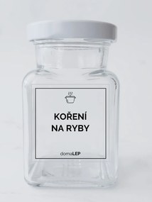 Samolepka na kořenky KOŘENÍ NA RYBY průhledná 5 × 5 cm tučné písmo