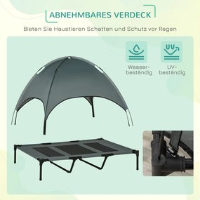 PawHut Elevované Psí Lůžko s Přístřeškem, Psí Postel, Venkovní Psí Lounge s Krytem, Prodyšné, Taftová Tkanina pro Kempování Šedá 122 x 92 x 108 cm