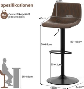 Costway Sada 2 barových židlí barové židle 60-82 cm výškově nastavitelná