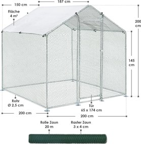 Juskys Venkovní výběh pro slepice HLS25T Velikost: 3 × 4 × 2 m