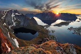 Fototapeta horská panorama se západem slunce - 300x200 cm