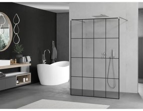 Mexen Kioto, průchozí sprchová zástěna 140 x 200 cm, 8mm sklo čiré/černý vzor, 2x chromová stabilizační rozpěra, 800-140-002-01-77