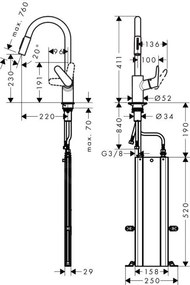 Hansgrohe Focus M41, dřezová baterie M4116-H240 s výsuvnou sprškou, sBOX, chromová, HAN-73880000