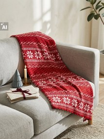Sinsay - Vánoční fleecový přehoz s geometrickým vzorem a vlnitým zakončením - červená