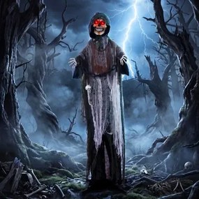 HOMCOM Animovaný Smrtka, 170 cm, životní velikost Halloween animatroniky s pohyblivýma rukama/hlavou, svítícíma očima a strašidelným zvukem