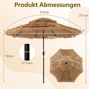 Costway Havajský slunečník 300 cm s 32 LED osvětlením z rýžové slámy s funkcí