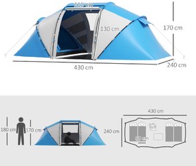 Outsunny kempinkový stan rodinný stan tunelový stan se 2 kabinami na spaní 4-6 osob modrý D430 x B240 x H170cm | Aosom