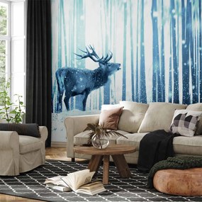 Fototapeta Zimní zvířata - motiv jelena na pozadí lesa v odstínech modré