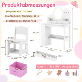 Costway Dětský toaletní stolek s osvětlením Sada toaletního a židlí Princess s 2