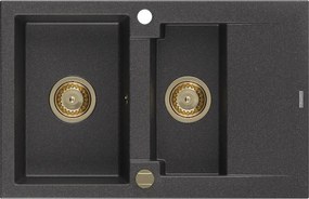 Mexen Gaspar, granitový dřez 737x475x177 mm, 1,5-komorový, černá skvrnitá se zlatým sifonem, 6507731505-76-G