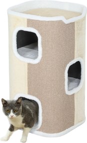 PawHut 74cm Vysoká Škrabací Barel Tříposchoďový Kočičí Barel s Polsterem, Plyšovým Okrajem, Kočičí Jeskyně, Kočičí Strom pro Malé Kočky, Béžová+Žlutá