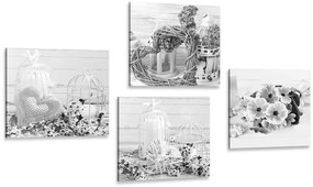 Set obrazov čiernobiele lucerničky s kyticou
