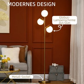 HOMCOM Stojací lampa v retro designu, stojací lampa, stojací lampa s 3 stínidly, sklo, zlatá
