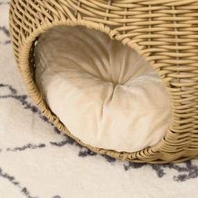 PawHut Kočka Dům Postel Kočičí Košík Dům v Obřím Střihu z Rattanu s Měkkým Polštářem Ø 40 x 30 cm světle hnědý | Aosom